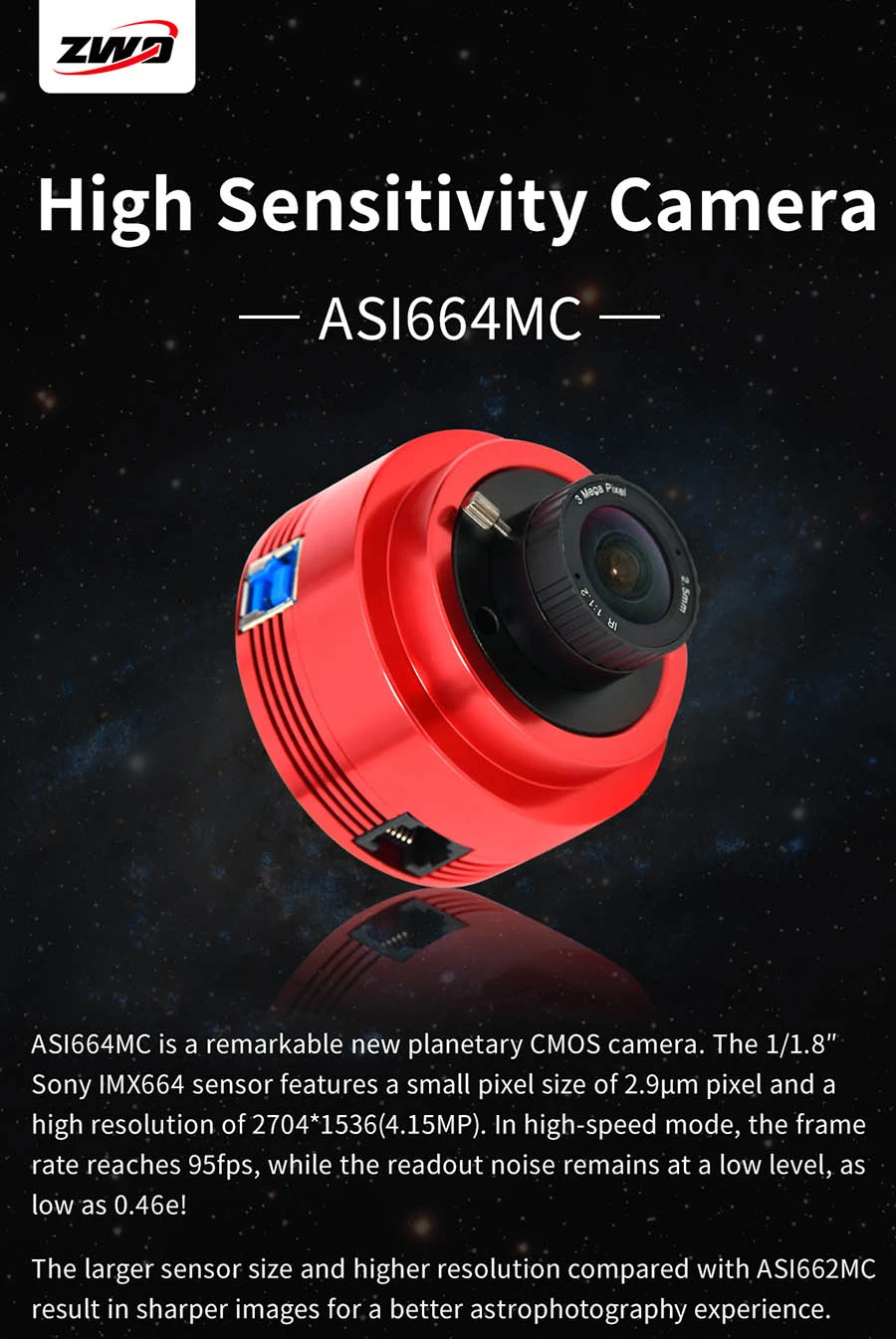 ZWO ASI 664MC USB 3.0 Colour CMOS Imaging Camera - Rother Valley Optics Ltd