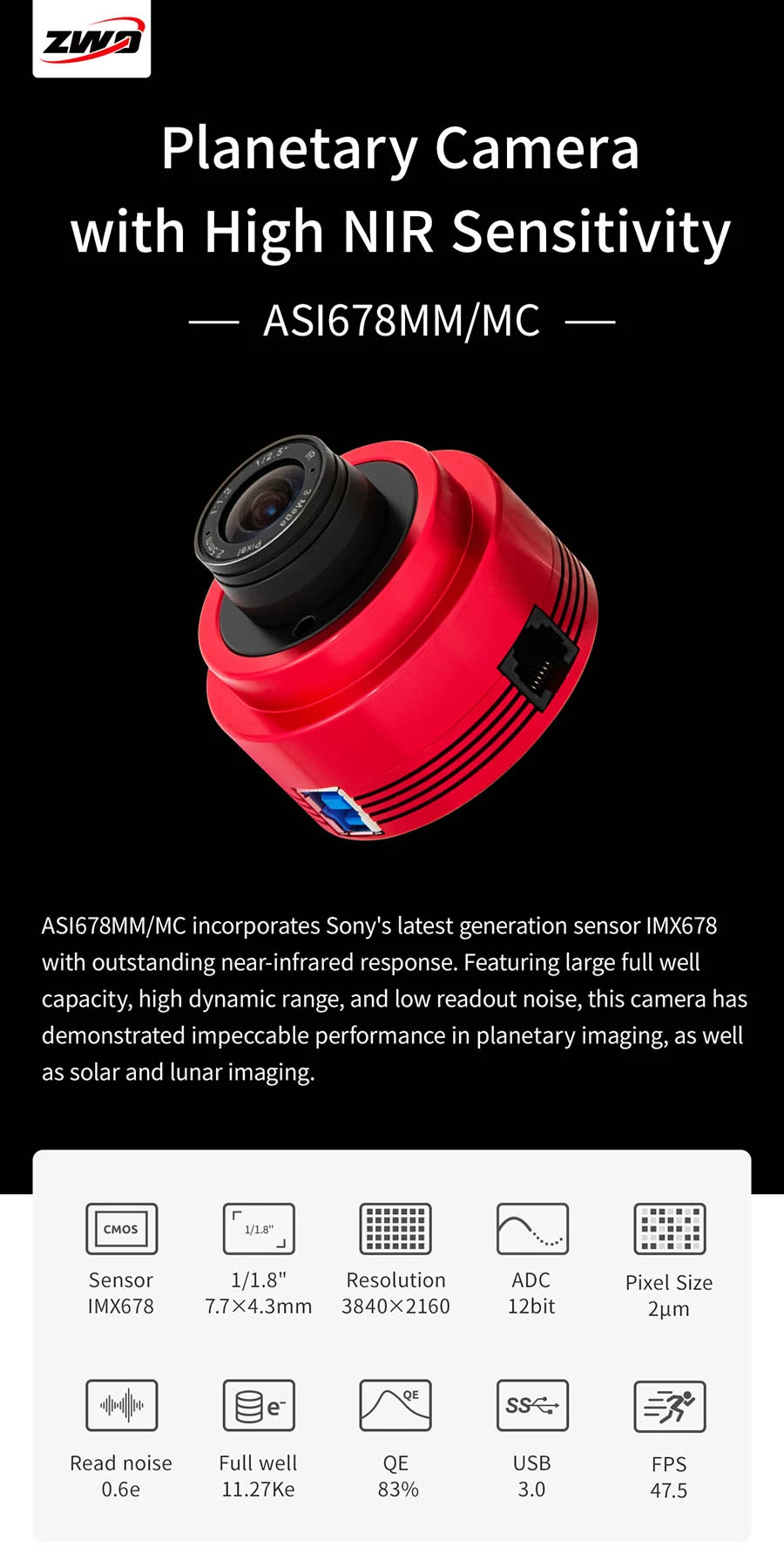 ZWO ASI 678MM USB 3.0 Monochrome CMOS Imaging Camera - Rother Valley ...